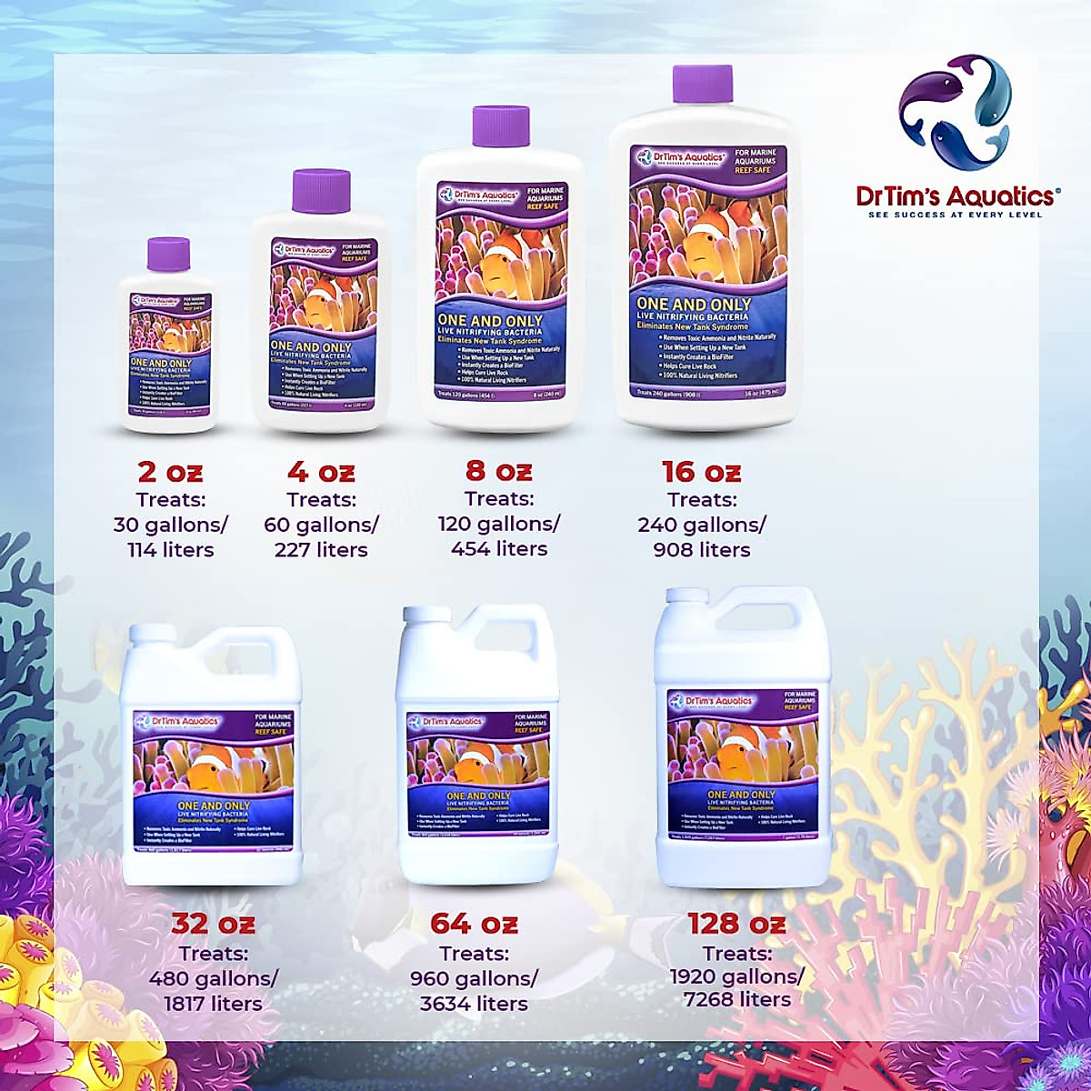 DrTim's Aquatics Reef One & Only Nitrifying Bacteria – For Reef, Nano and Seahorse Aquaria, New Fish Tanks, Aquariums, Disease Treatment – H20 Pure Fish Tank Cleaner – Removes Toxins – 2 Oz. (400)