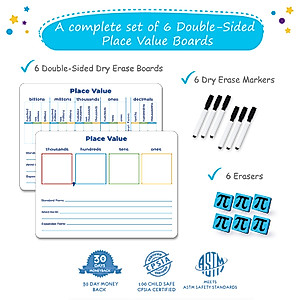 6-Pack Place Value Dry Erase Lap Boards - 9"x12", Individual Whiteboards for Students Classroom Pack, Personal Student Whiteboards, Place Value Chart, Math Teacher Classroom Supplies, Simply Magic
