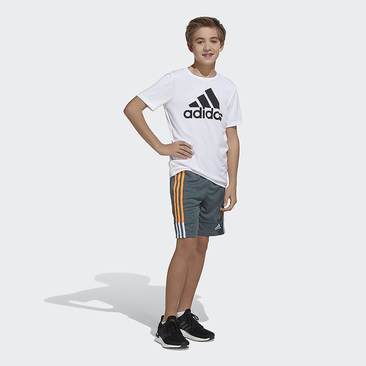 adidas Boys' Clashing 3-Stripes Shorts, Grey/Orange, Medium (10/12)