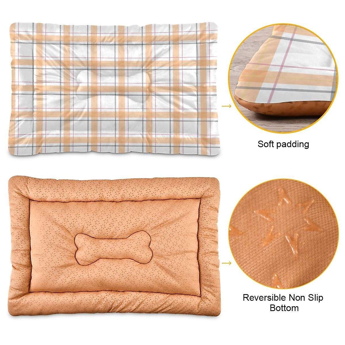 Coikll Modern Minimalist Orange White Square Grid Pet Bed Pad Soft Dog Bed Mat with Anti-Slip Bottom, Machine Washable Crate Pad Mattress for Dog Sleeping- 24 * 18inches