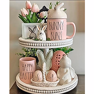 2 Tiered Tray Wooden Serving Stand by Felt Creative Home Goods. Small Shabby Chic Beaded Tray for Home Decor Display Farmhouse Country Decoration Kitchen or Dining. Includes 3 Custom Handles (White)