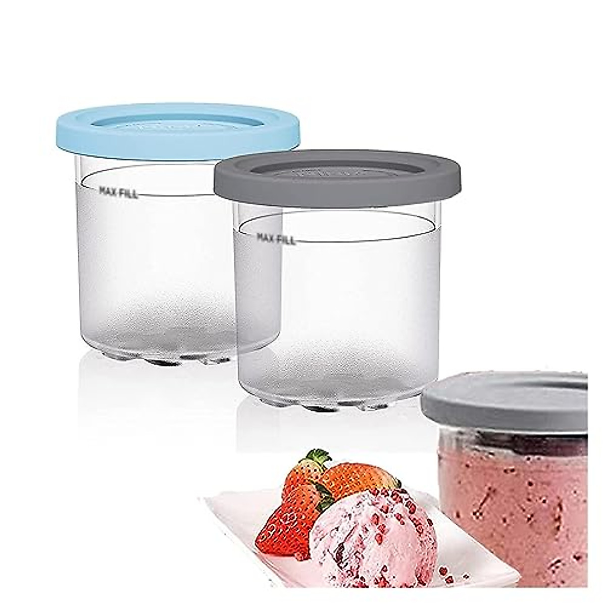 EVANEM 2/4/6PCS Creami Deluxe Pints, for Ninja Creami Pint,16 OZ Creami Pint Reusable,Leaf-Proof Compatible NC301 NC300 NC299AMZ Series Ice Cream Maker,Gray+Blue-6PCS