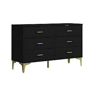 Modern 6 Drawer Wood Dresser, Wood Lateral Chest of Drawers Storage Organizer with Wide Drawers & Metal Gold Handles for Bedroom, Living Room, Hallway, Entryway