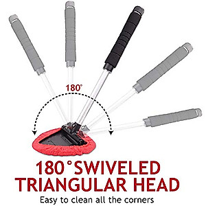 Windshield Window Cleaner Tool, Unbreakable Extendable Long-Reach Handle, Unique Pivoting Triangular Head, 3 Washable Reusable Microfiber Bonnets, Car & Home Inside Interior Exterior Use - Lint Free