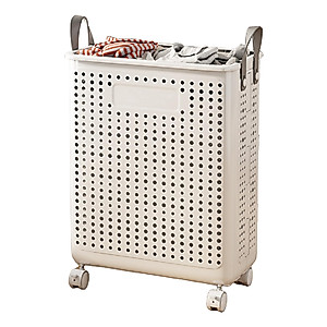 curfair Laundry Basket Foldable with Wheels, Collapsible Laundry Hamper, Slim Laundry Basket Organizer Wheeled Laundry Basket Plastic, Dirty Clothes Basket for College Dorm, Bathroom White M