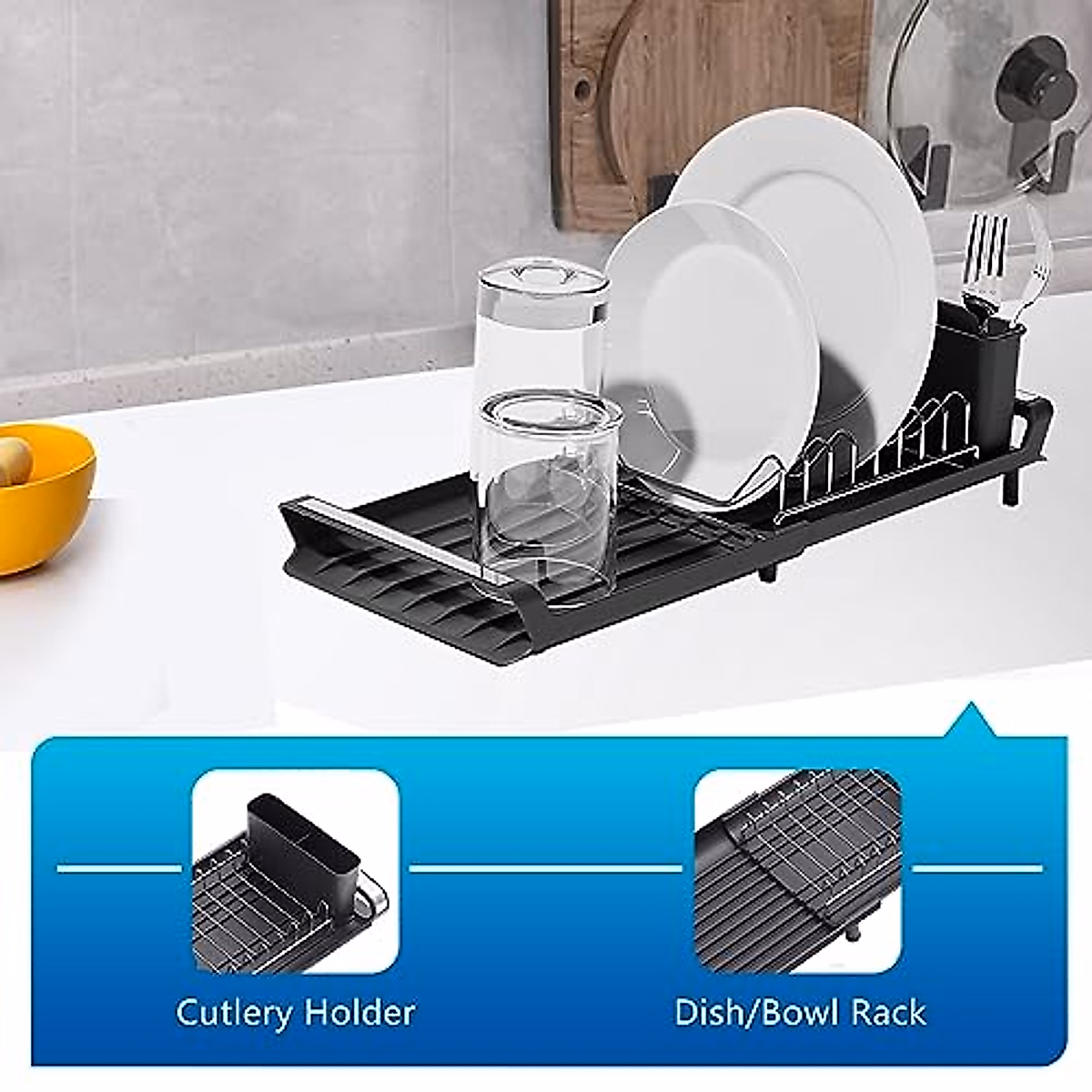 Joemdehazam Dish Drying Rack,Compact Dish Rack Durable, Stainless Steel Kitchen Drying Rack with a Cutlery Holder, Drying Rack for Dishes,Spoons, and Forks (Black)