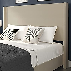 BizChair King Upholstered Platform Bed with Channel Stitched Wingback Headboard, Mattress Foundation with Slatted Supports, No Box Spring Needed, Beige