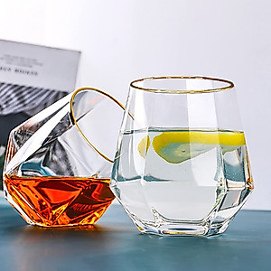 Diamond Wine Glass Set of 2, Modern Stemless Golden Edge Glass Cups Drinking Glassware for Serving Party,Home,Bar, Restaurants Transparent