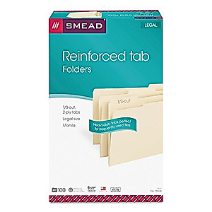 Smead File Folder, Reinforced 1/3-Cut Tab, Assorted Positions, Legal Size, Manila, 100 per Box (15334)