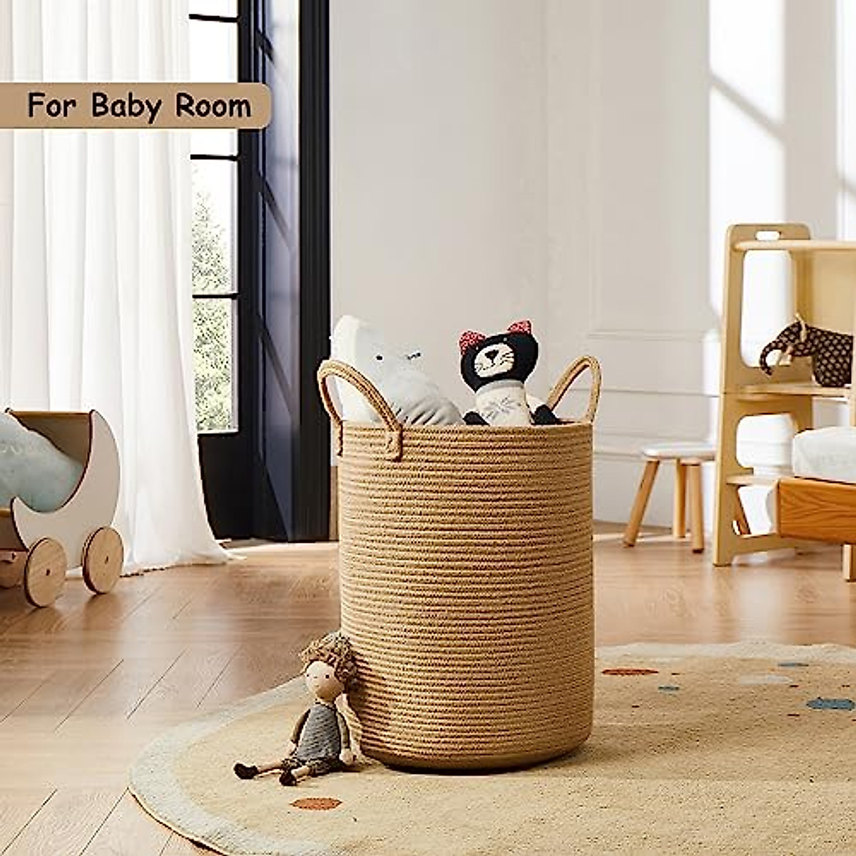 MOJOSCEND Jute Laundry Hamper Basket, 15Dx20H inches Tall Woven Rope Storage Basket for Blanket, Large Clothes Hamper for Bedroom, Baby Nursery Kids Laundry Basket Organizer