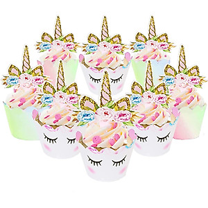 Unicorn Cupcake Toppers and Wrappers Decorations (40 of Each) - Reversible Rainbow Cup Cake Liners with Unicorn Topper | Cute Decorating Supplies for Girl Birthday Party