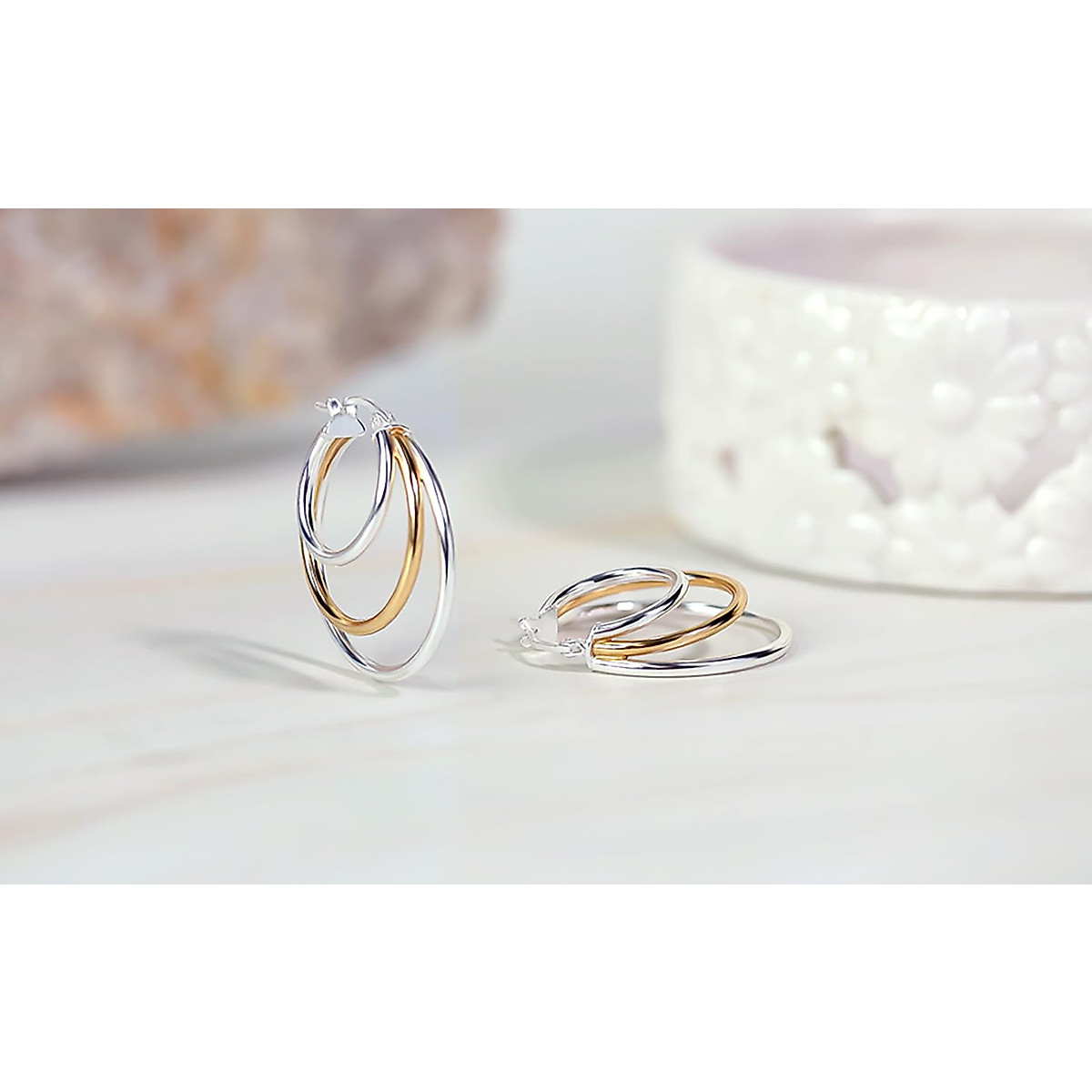 Hoops & Loops Sterling Silver Two-Tone Triple Circle Round-Tube Polished Hoop Earrings, 20mm
