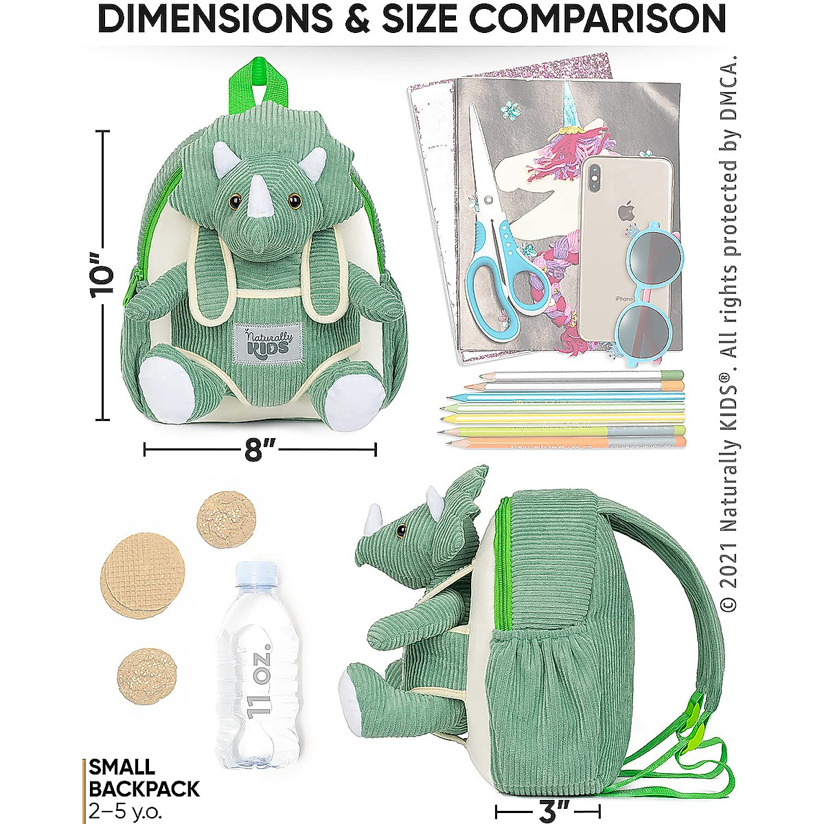 Naturally KIDS Green Dinosaur Toys for Girls, Triceratops Toy, Dinosaur Gifts for 2 3 Year Old Girls, Toddler Backpack