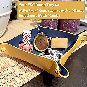 VOMANA Leather Valet Tray for Men Women, Small Leather Catchall Tray Desk Organizer, Key Tray for Entryway Table, Collapsible Travel Snap Tray, EDC Dump Tray (Orange+ Almond)