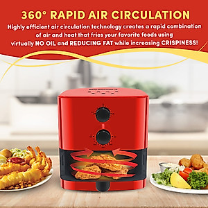 Elite Gourmet EAF-3218R Personal 1.1 Quart Compact Space Saving Electric Hot Air Fryer Oil-Less Healthy Cooker, Timer & Temperature Controls, Red.
