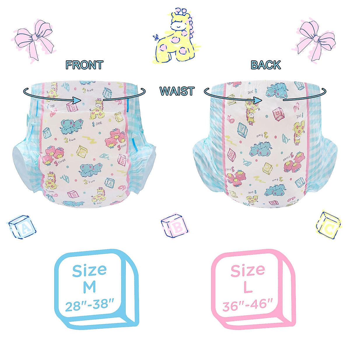 Littleforbig Adult Printed Diaper 40 Pieces (4 Packs) - Vintage Baby (Large 36"-46")