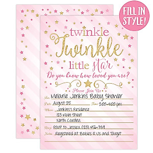 Your Main Event Prints Twinkle Twinkle Little Star Baby Shower Invitations - Pink and Gold Twinkle Twinkle Little Star Girl Baby Shower Invites - 20 Fill-In Style With White Envelopes