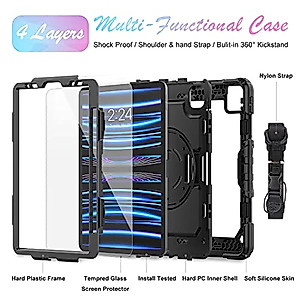 iPad Pro 11 Case, iPad Air 5th/4th Gen Case 2022/2020 with [Tempered Glass Screen Protector], [Kid Proof] BASE MALL Tablet Protective Case, Pencil Holder,Rotating Kickstand,Hand/Shoulder Strap (Black)