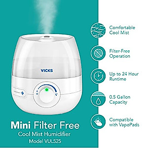 Vicks Mini Filter Free Cool Mist Humidifier, Small Room – Variable Mist Control – Works with Vicks VapoPads