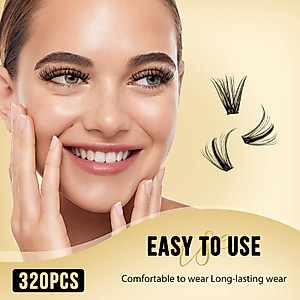 QUEWEL Lash Clusters 320Pcs Cluster Lashes 40D D Curl Lash Clusters Mix9-16mm Individual Eyelashes Clusters Wispy DIY Eyelash Extension Thin Band Soft to Use at Home (40D D Mix9-16)