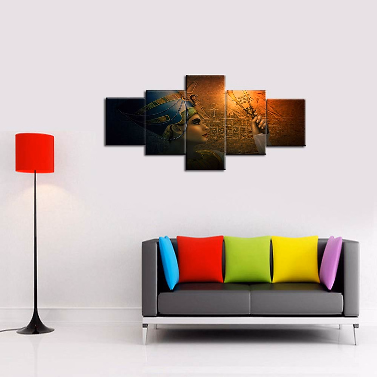 TUMOVO Wall Art for Living Room Egyptian Panels Paintings Cleopatra Pictuers 5 Piece Canvas Modern Artwork Home Decor for Bedroom Office Framed Gallery-Wrapped Stretched Ready to Hang(50''Wx24''H)