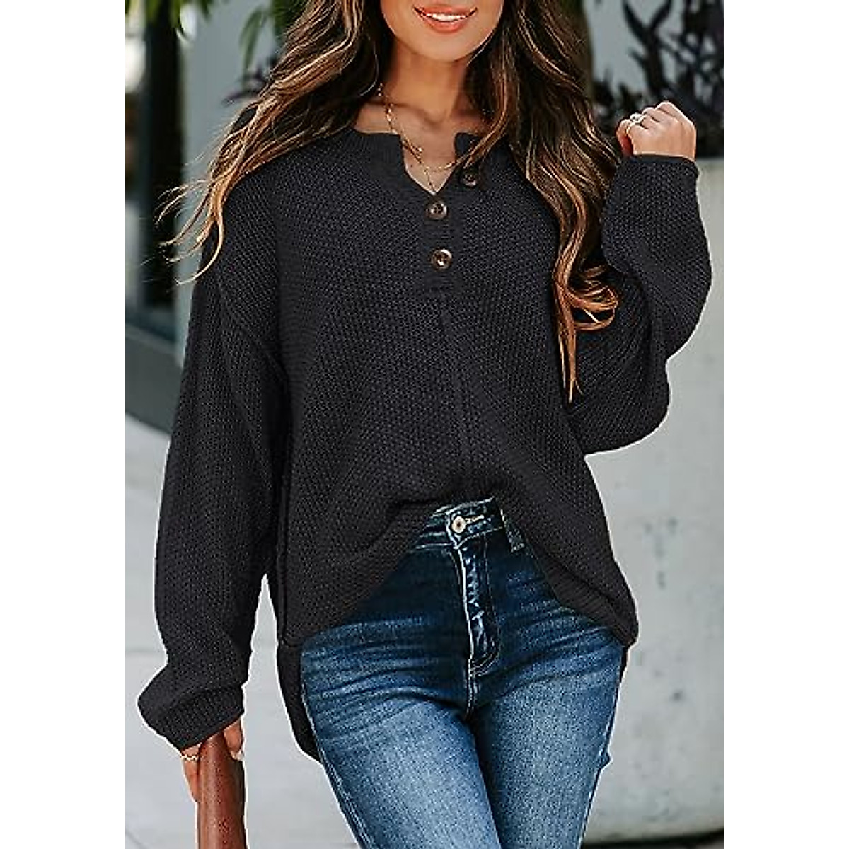 LILLUSORY Womens Black Tops V Neck Pullover Sweaters 2023 Fall Long Sleeve Waffle Knit Tunic Sweater Button Casual Henley Shirts