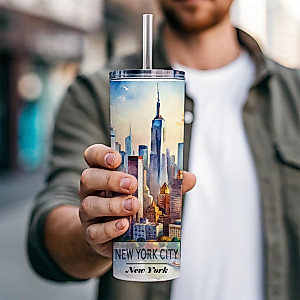 New York City NYC Travel Watercolor Skinny Tumbler 20oz with Straw Insulated Water Bottle Gift