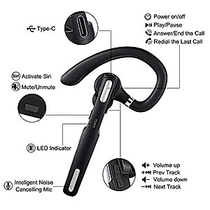 ICOMTOFIT Bluetooth Headset, Wireless Bluetooth Earpiece V5.0 8-10 Hours Talktime Stereo Noise Cancelling Mic, Compatible for iPhone Android Cell Phones Driving/Business/Office (Black)