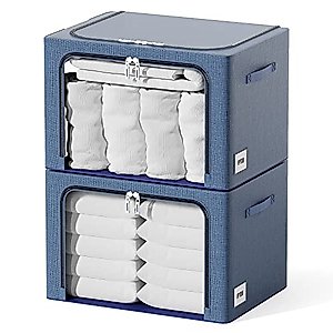 2 Pack Stackable Clothes Frame Storage Box with Large Clear Window and Sturdy Handles Fabric Storage Bins for Organizing Clothes, quilts and Miscellaneous Items (66L, Blue)