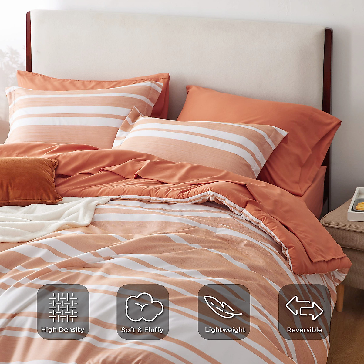 Bedsure Bed in a Bag Queen Size 7 Pieces, Burnt Orange White Striped Bedding Comforter Sets All Season Bed Set, 2 Pillow Shams, Flat Sheet, Fitted Sheet and 2 Pillowcases