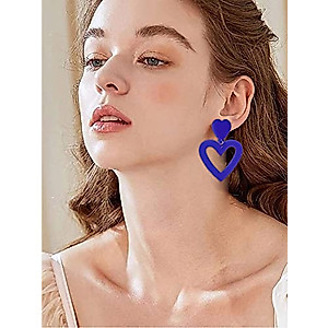 Clip on Earrings Non Piercing Hot Pink Earrings for Women Double Heart Dangle Drop Earring Neon Big Love Heart Dangle Earrings for Girls Hypoallergenic 4th of July Gift Red Green Blue Black Earrings