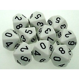 Chessex Dice Sets: Opaque White with Black - Ten Sided Die d10 Set (10)