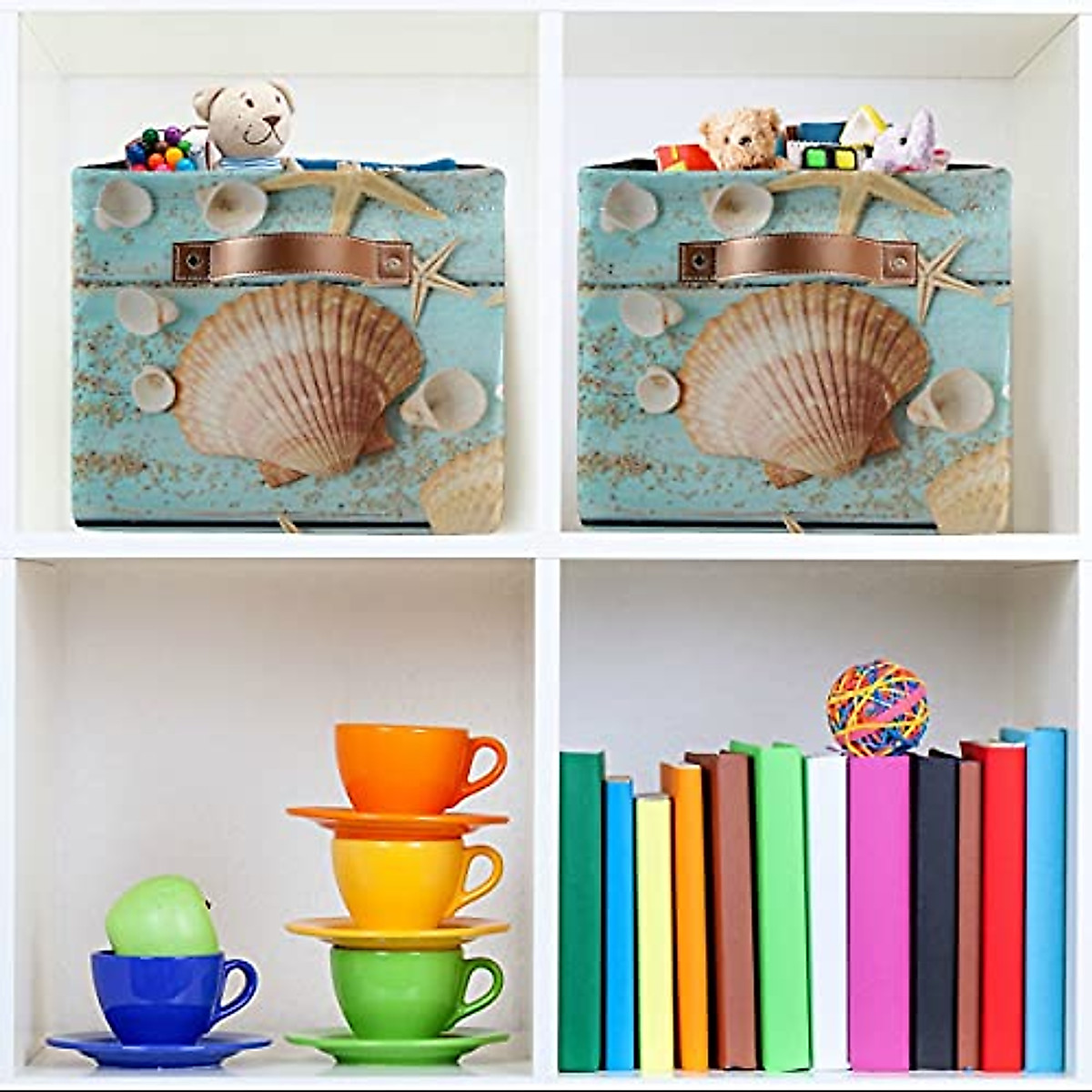 Canvas Storage Basket Beach Board Seashell Starfish Storage Bins Collapsible Organizer with Handles for Cupboards Shelves Nursery Wardrobe Clothes Toys Laundry Children Room
