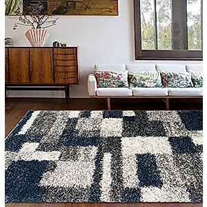 Rugshop Distressed Modern Boxes Plush Shag Area Rug 5' x 7' Navy