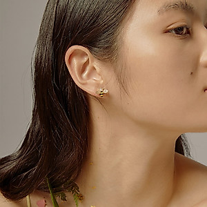 925 Sterling Silver Post Bee Flower Earrings Stud Cold Enamel Asymmetric for Women and Girls Jewelry Gift