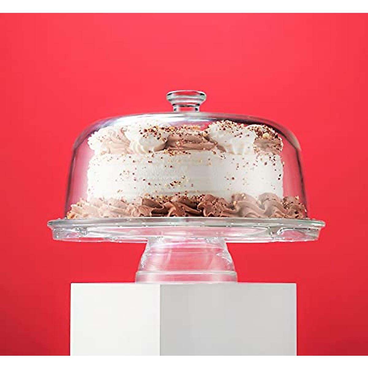 Godinger Cake Stand and Serving Plate Platter with Dome Lid, 6 in 1 Multi-Purpose Use, Italian Made Crystal Glass Footed Cake Stand, Salad Bowl, Cake Plate, Fruit Platter