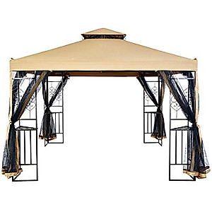 SUNA OUTDOOR 10x10 Ft Outdoor Gazebo Steel Frame Two-Tiered Top Canopy, Heart Screen Decor Gazebo with Adjustable Netting for Garden Backyard, Beige