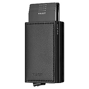 VULKIT Pop Up Wallet Automatic Leather Slim Credit Card Holder RFID Blocking Metal Double Card Case for Men and Women Black