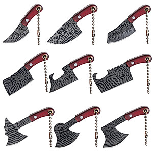 9Pcs Damascus Pocket Knife Set Mini Chef Knife Set Mini Kitchen Chef Knife Tiny Chef Knife Set Tiny Knife Keychain Small Knife for Package Opener Box Cutter