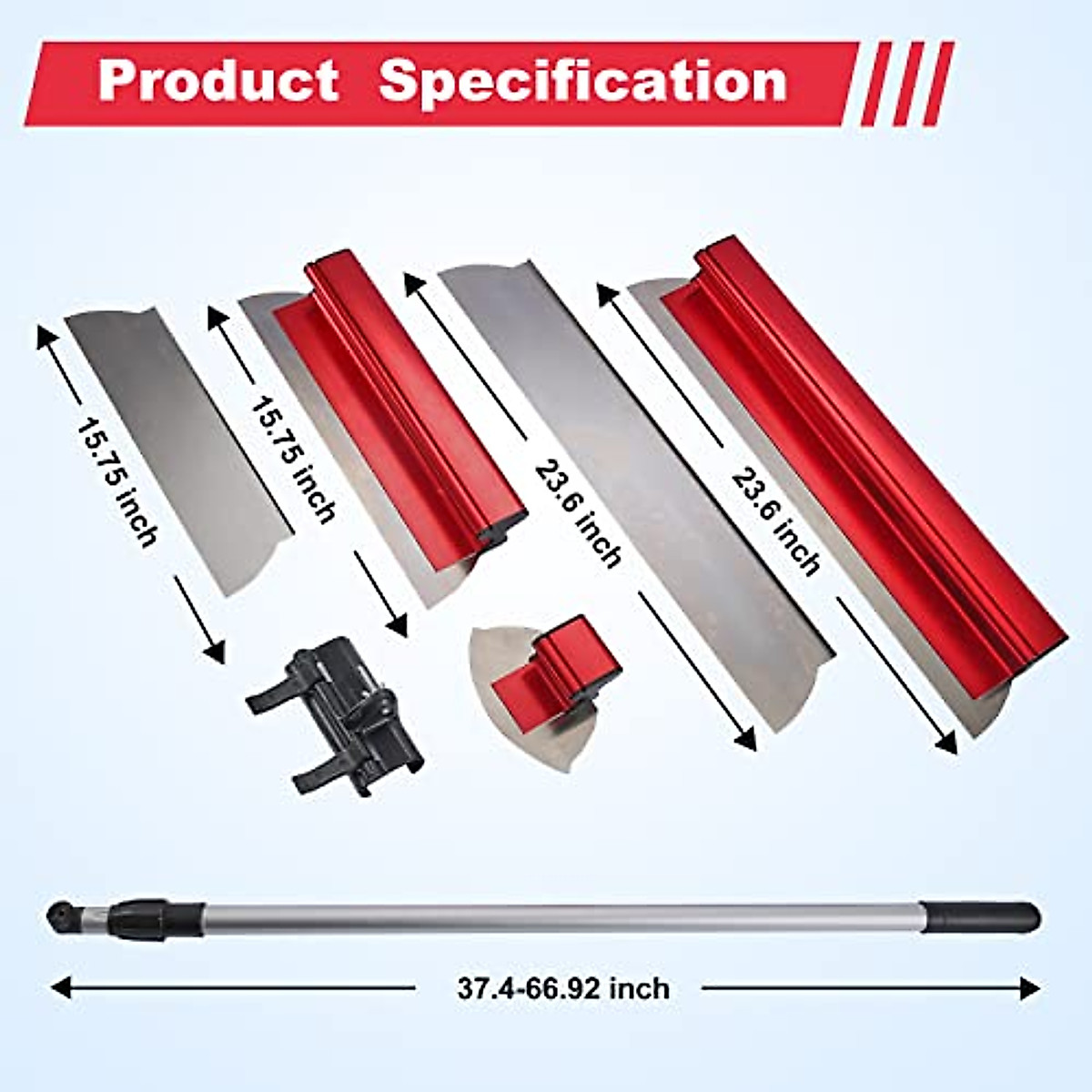 ZHUITU Drywall Skimming Blade Set 16" Blades x2 + 24" Blades x2 + Semi-Circular Blade + 37"-67" Extension Handle + Holder Pro-Grade Stainless Steel Sturdy and Durable