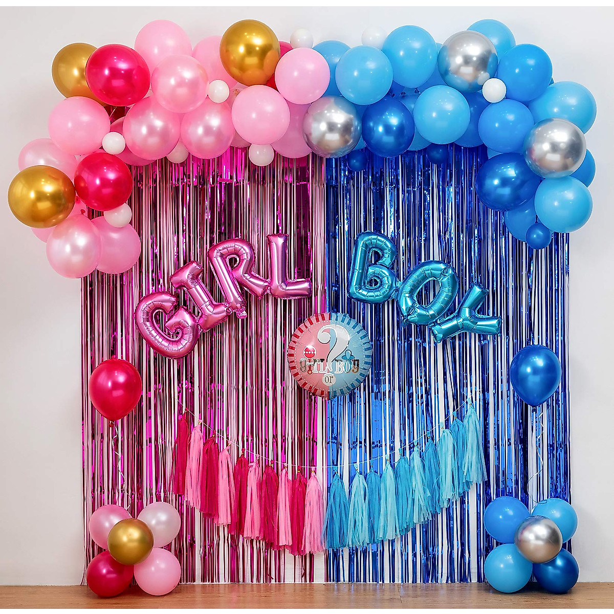 Boy Or Girl Gender Reveal Party Decoration Set,&Balloons Arch Garland Kit,Foil Balloons,Curtains,Paper tassel Garland,Balloon decoration tools,For Party Photo Backdrop (Pink/Blue) Shower Birthday