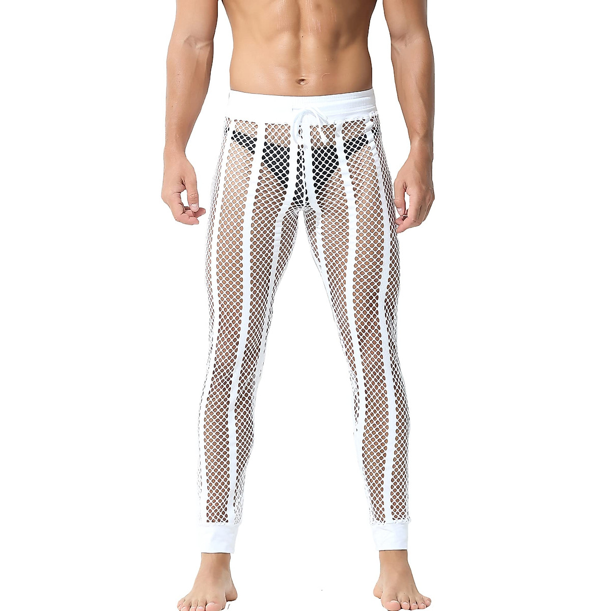 QiaTi Men's Fishnet Pants Mesh See Through Muscle Leggings Stretchy Drawstring Long Pants B-White