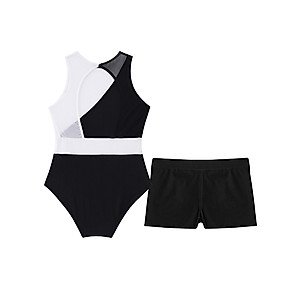 Hansber Kids Girls Sleeveless Gymnastics Leotards with Shorts 2 Piece Dance Outfits Ballet Dance Biketard Gym Workout Bodysuit White 7-8