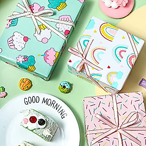 LeZakaa Mini Wrapping Paper Roll - Mini Roll - Cupcake/Rainbow/Colorful Stripe for Birthday - 17 x 120 inches - 3 Rolls (43.77 sq.ft.ttl.)