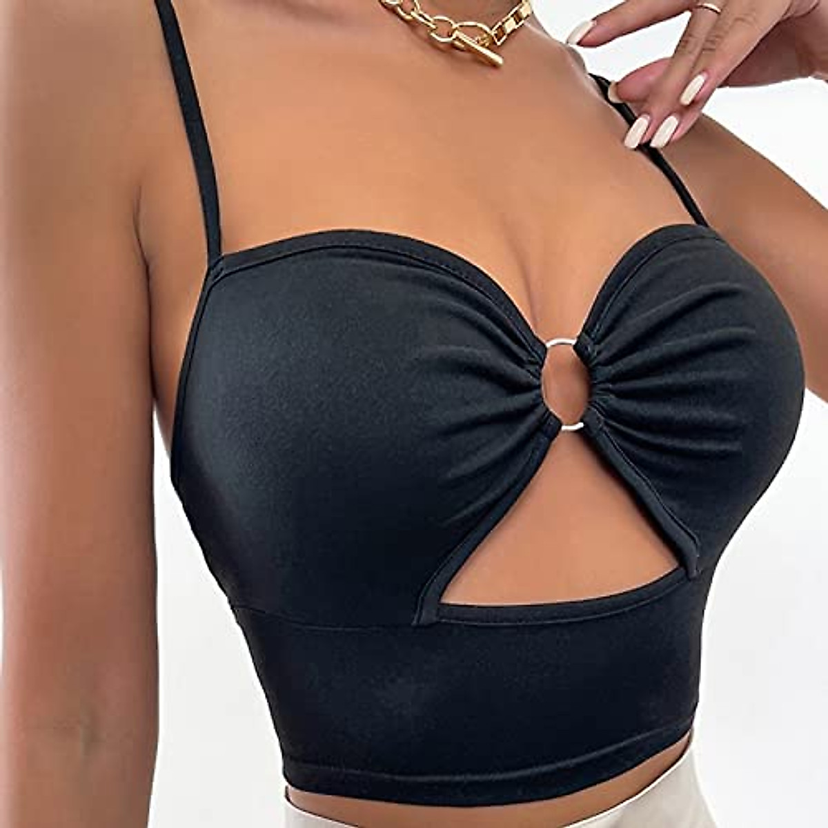 Women's Sexy Sleeveless V Neck Plunging Camisole Basic Solid Color Hollow Out Y4k Cropped Tank Top Slim Bustier Bras Black