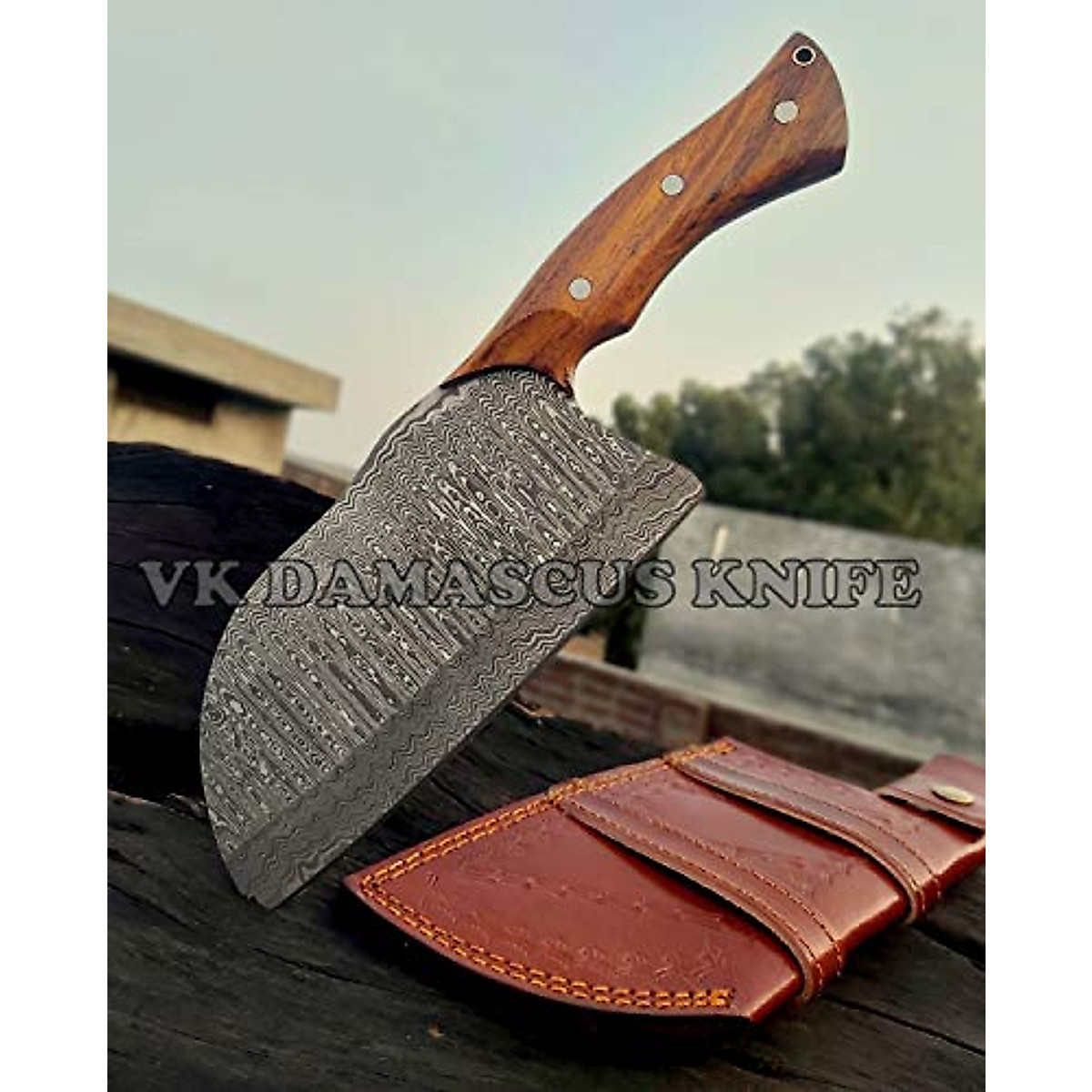 Handmade Damascus Cleaver Chopper Serbian chef knife kitchen knife fixed blade Knife 11.5 Inches with sheath VK5518