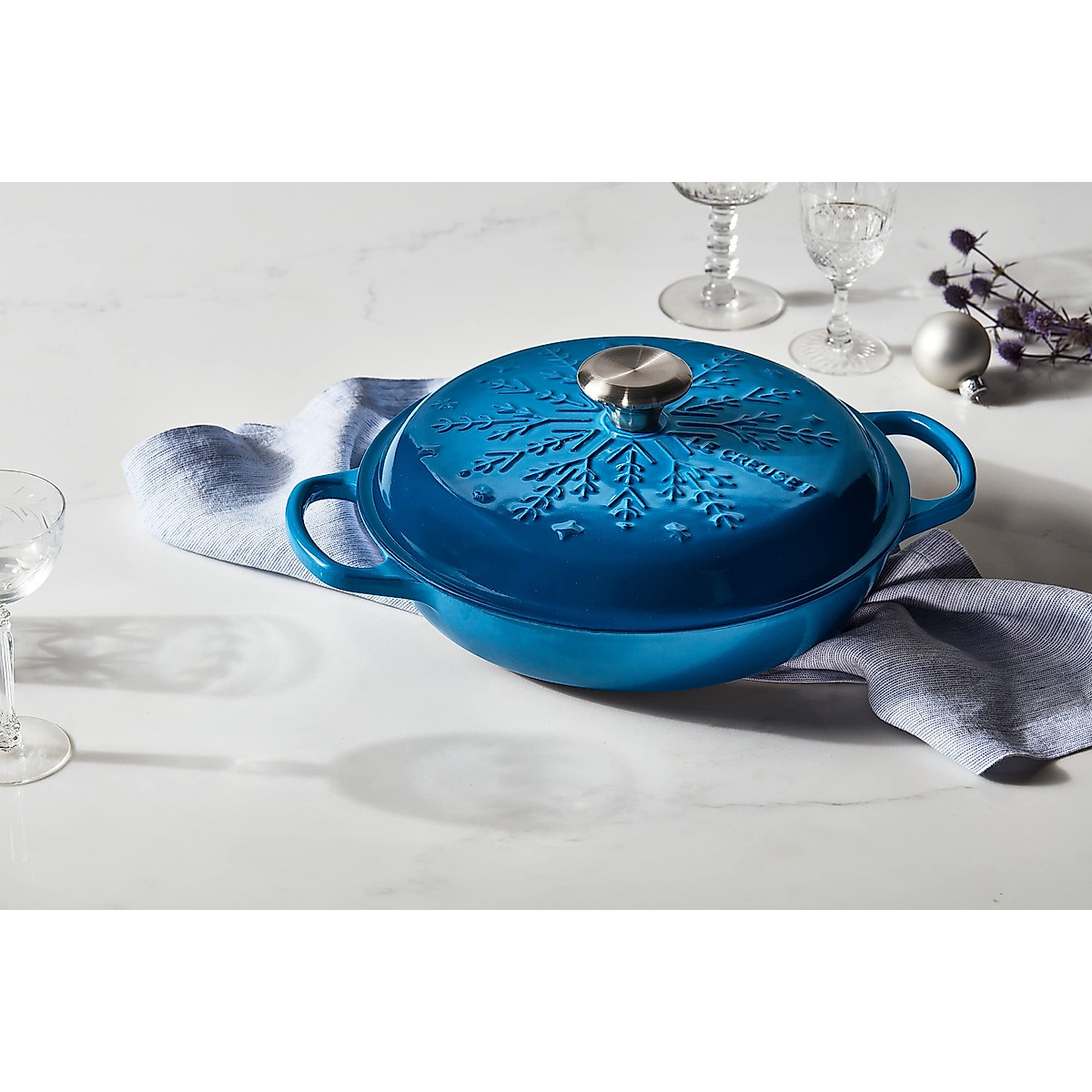 Le Creuset Noel Collection: Signature Cast Iron Braiser Embossed Snowflake w/ Stainless Steel Knob, 2.25 qt., Marseille