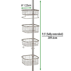 mDesign Bathroom Shower Corner Tension Pole Caddy with Adjustable Height - 4 Positionable Baskets for Organizing Shampoo, Conditioner, Shaving Cream, Soap, Loofah - Omni Collection - Satin
