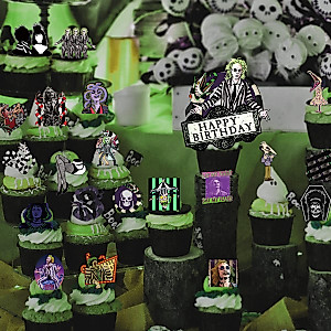 CAILESS Party Decorations - Beetlejuice Party Decorations 102Pcs, Classic Horror Party Supplies Included Birthday Banner Cake Toppers Balloon Swirls Decor Stickers and Stripe Tablecloth