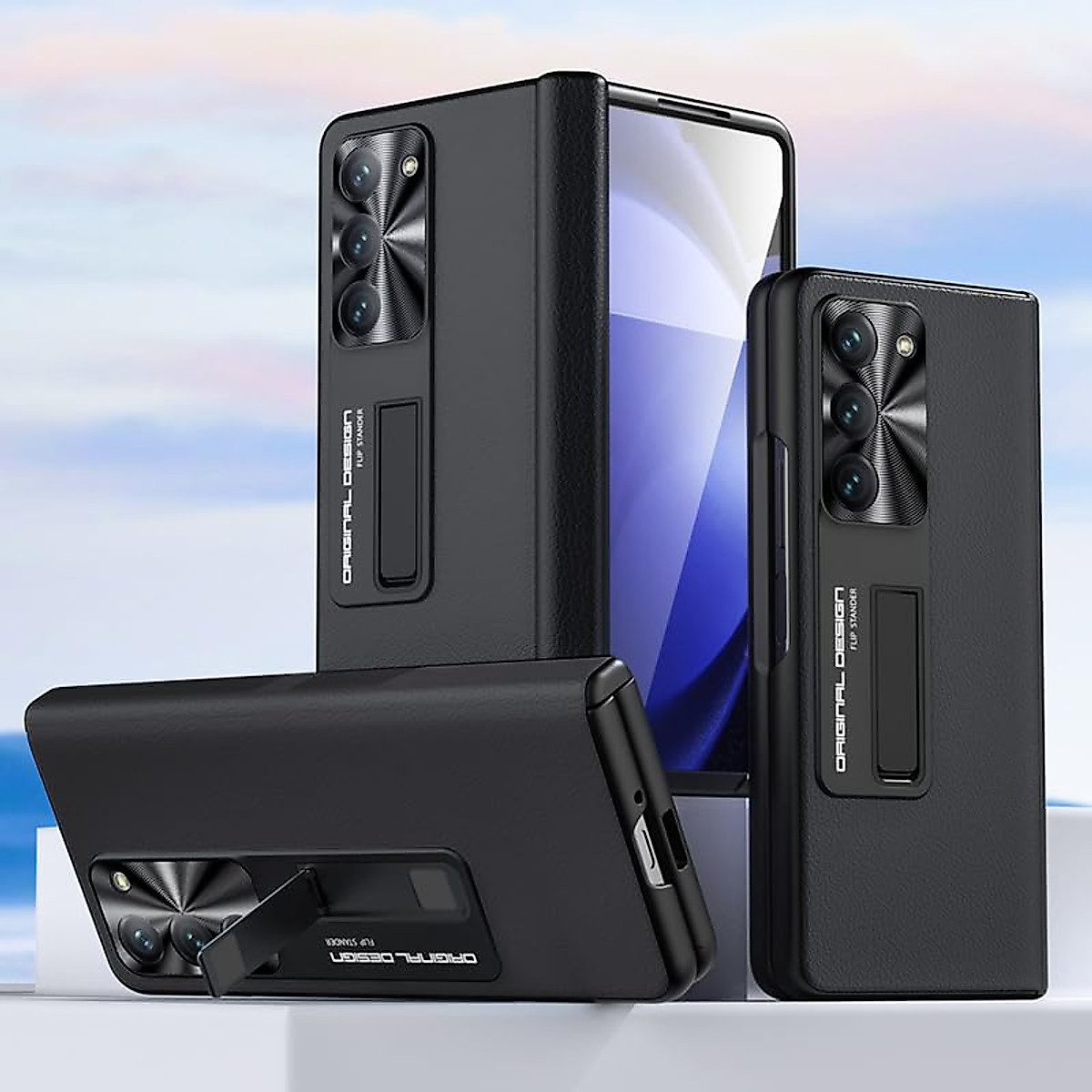 ioiFour Case for Samsung Galaxy Z Fold 5 with Kickstand and Hinge Protection, Built-in Front Screen Protector, Artificial Leather Elegant Business Scratch-Resistant Hard Case (Black PU)